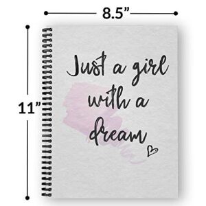 Softcover Girl With A Dream 8.5" x 11" Motivational Spiral Notebook/Journal, 120 Wide Ruled Pages, Durable Gloss Laminated Cover, Black Wire-o Spiral. Made in the USA