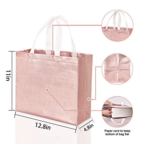 NatuBeau 12 PCS Glossy Reusable Grocery Shopping Bags Stylish Tote Bags with Handle Non-woven Gift Bags Bridesmaids Bags Goodies Bag for Women Bridesmaid Birthday Party Wedding Christmas (Rose Gold)