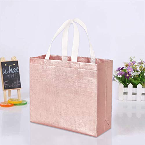 NatuBeau 12 PCS Glossy Reusable Grocery Shopping Bags Stylish Tote Bags with Handle Non-woven Gift Bags Bridesmaids Bags Goodies Bag for Women Bridesmaid Birthday Party Wedding Christmas (Rose Gold)