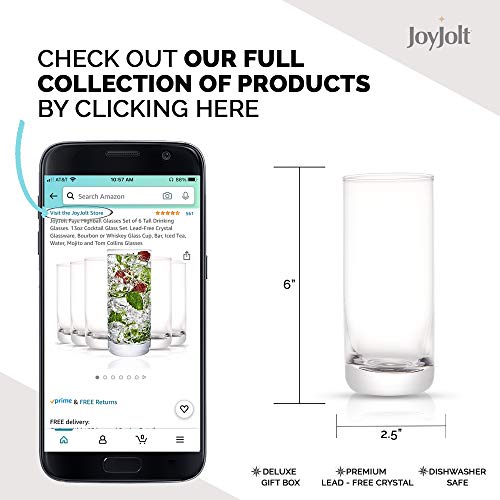 JoyJolt Faye 13oz Highball Glasses, 6pc Tall Glass Sets. Lead-Free Crystal Glass Drinking Glasses. Water Glasses, Mojito Glass Cups, Tom Collins Bar Glassware, and Mixed Drink Cocktail Glass Set