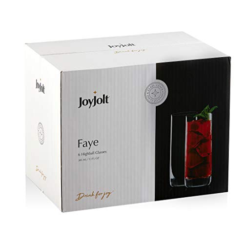 JoyJolt Faye 13oz Highball Glasses, 6pc Tall Glass Sets. Lead-Free Crystal Glass Drinking Glasses. Water Glasses, Mojito Glass Cups, Tom Collins Bar Glassware, and Mixed Drink Cocktail Glass Set