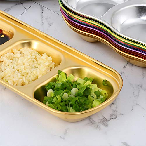 mingcheng 3-Compartment Stainless Steel Dipping Sauce Dish, Set of 4 Appetizer Serving Tray/Bowls for Sauce, Vinegar, Soy, BBQ, Hotpot, Snacks and Other Party Dinner, Dishwasher Safe Rose Gold