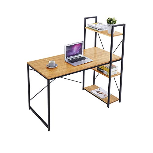 Coral Flower Tower Computer Desk with 4 Tier Shelves - 47'' Multi Level Writing Study Table with Bookshelves Modern Steel Frame Wood Desk Compact Home Office Workstation ，Light Walnut