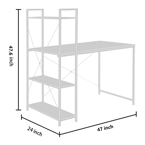 Coral Flower Tower Computer Desk with 4 Tier Shelves - 47'' Multi Level Writing Study Table with Bookshelves Modern Steel Frame Wood Desk Compact Home Office Workstation ，Light Walnut