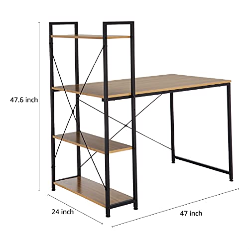 Coral Flower Tower Computer Desk with 4 Tier Shelves - 47'' Multi Level Writing Study Table with Bookshelves Modern Steel Frame Wood Desk Compact Home Office Workstation ，Light Walnut