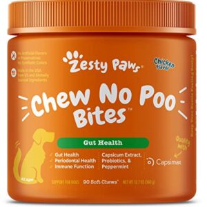 Zesty Paws Chew No Poo Bites - Coprophagia Stool Eating Deterrent for Dogs Deter Stop Dog from Eating Feces Probiotic Digestive Enzymes Breath Freshener - Chicken Flavor, 90 Soft Chews