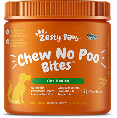 Zesty Paws Chew No Poo Bites - Coprophagia Stool Eating Deterrent for Dogs Deter Stop Dog from Eating Feces Probiotic Digestive Enzymes Breath Freshener - Chicken Flavor, 90 Soft Chews