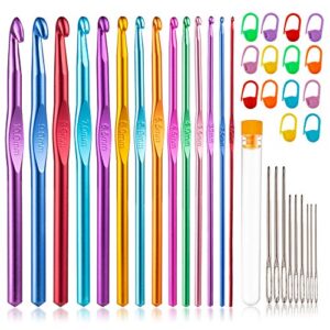 vodiye 37 pcs crochet hooks set, high quality coloured aluminum ergonomic handle crochet, hook needles for arthritic hands, with stitch markers and large-eye blunt needles