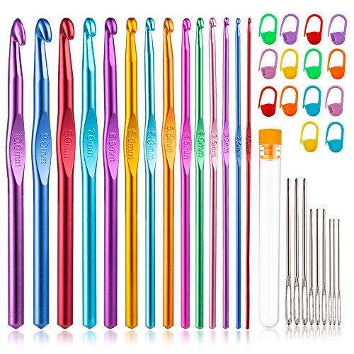 Vodiye 37 PCS Crochet Hooks Set, High Quality Coloured Aluminum Ergonomic Handle Crochet, Hook Needles for Arthritic Hands, with Stitch Markers and Large-Eye Blunt Needles