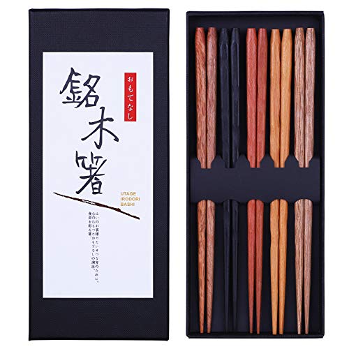 Antner 5 Pairs Natural Wood Chopsticks Reusable Japanese Style Chopstick Gift Sets, Classic Hardwood Chopsticks Dishwasher Safe, 8.8 Inch/22.5cm