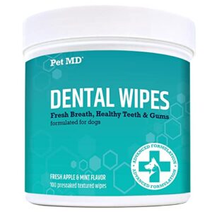 pet md dog breath freshener dental wipes for dogs - tartar and plaque remover for teeth cleaning - fresh apple & mint scent bad breath treatment for dogs - 100 count