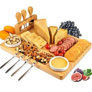 royamy bamboo cheese board set with 3 stainless steel knife, meat charcuterie platter serving tray, perfect choice for wedding birthdays christmas anniversary housewarming kitchen personalized gift