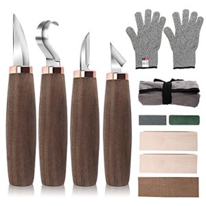 wood carving tools pack of 11- includes black walnut handle wood carving knife,whittling knife,hook knife,polishing compound,sharpening stone,cut resistant gloves,wood carving kit for beginners.