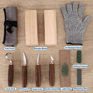 Wood Carving Tools Pack of 11- Includes Black Walnut Handle Wood Carving Knife,Whittling Knife,Hook Knife,Polishing Compound,Sharpening Stone,Cut Resistant Gloves,Wood Carving Kit for Beginners.