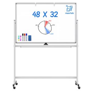 large rolling white board, 48 x 32 inches double-sided mobile whiteboard, maxtek reversible magnetic dry erase board easel standing whiteboard on wheels for home office classroom, silver