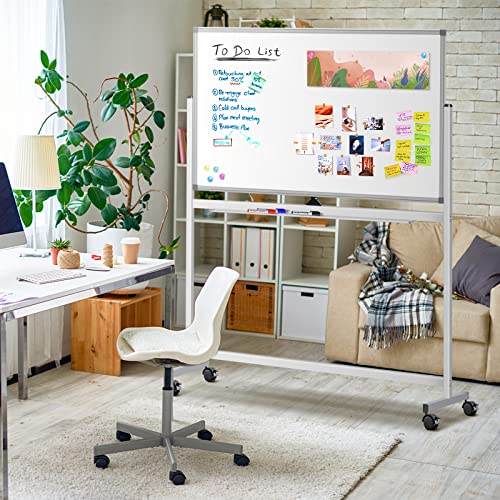 Large Rolling White Board, 48 x 32 inches Double-Sided Mobile Whiteboard, maxtek Reversible Magnetic Dry Erase Board Easel Standing Whiteboard on Wheels for Home Office Classroom, Silver