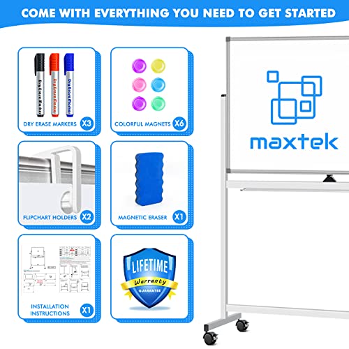 Large Rolling White Board, 48 x 32 inches Double-Sided Mobile Whiteboard, maxtek Reversible Magnetic Dry Erase Board Easel Standing Whiteboard on Wheels for Home Office Classroom, Silver