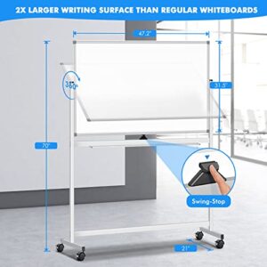 Large Rolling White Board, 48 x 32 inches Double-Sided Mobile Whiteboard, maxtek Reversible Magnetic Dry Erase Board Easel Standing Whiteboard on Wheels for Home Office Classroom, Silver