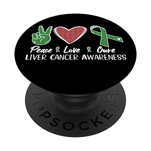 Liver Cancer Awareness Peace Love Cure Ribbon PopSockets Grip and Stand for Phones and Tablets