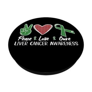 Liver Cancer Awareness Peace Love Cure Ribbon PopSockets Grip and Stand for Phones and Tablets