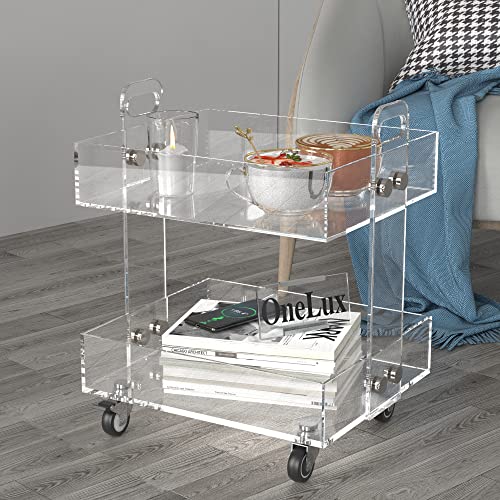 (Flat Packed) ONELUX Original Acrylic Side Table,Clear Table with Wheels,Rolling Storage cart,Acrylic Bedside Tables/Night Stand - 41×34×48H cm