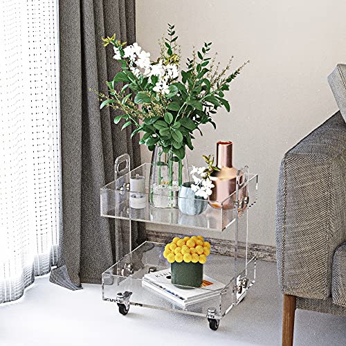 (Flat Packed) ONELUX Original Acrylic Side Table,Clear Table with Wheels,Rolling Storage cart,Acrylic Bedside Tables/Night Stand - 41×34×48H cm