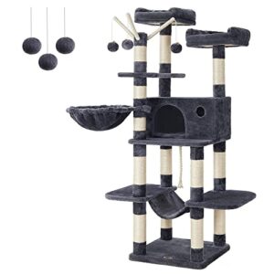 feandrea cat tree, large cat tower, 64.6 inches, cat activity center with hammock, basket, removable fur ball sticks, cat condo, smoky gray upct087g01