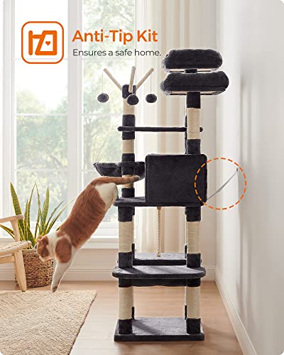 FEANDREA Cat Tree, Large Cat Tower, 64.6 Inches, Cat Activity Center with Hammock, Basket, Removable Fur Ball Sticks, Cat Condo, Smoky Gray UPCT087G01