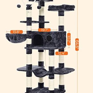 FEANDREA Cat Tree, Large Cat Tower, 64.6 Inches, Cat Activity Center with Hammock, Basket, Removable Fur Ball Sticks, Cat Condo, Smoky Gray UPCT087G01