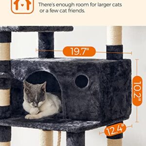 FEANDREA Cat Tree, Large Cat Tower, 64.6 Inches, Cat Activity Center with Hammock, Basket, Removable Fur Ball Sticks, Cat Condo, Smoky Gray UPCT087G01