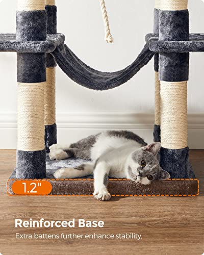 FEANDREA Cat Tree, Large Cat Tower, 64.6 Inches, Cat Activity Center with Hammock, Basket, Removable Fur Ball Sticks, Cat Condo, Smoky Gray UPCT087G01