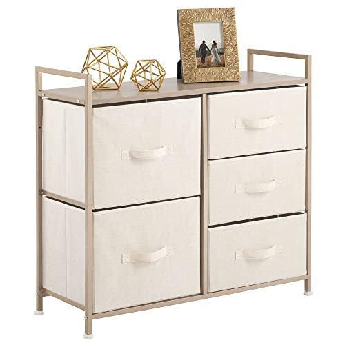 mDesign 30.03" High Steel Frame/Wood Top Storage Dresser Furniture Unit with 5 Removable Fabric Drawers - Tall Bureau Organizer for Bedroom, Living Room, Closet - Lido Collection - Cream/Beige/Gold