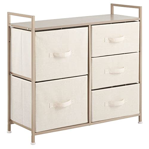 mDesign 30.03" High Steel Frame/Wood Top Storage Dresser Furniture Unit with 5 Removable Fabric Drawers - Tall Bureau Organizer for Bedroom, Living Room, Closet - Lido Collection - Cream/Beige/Gold