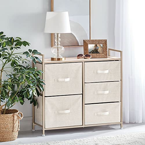 mDesign 30.03" High Steel Frame/Wood Top Storage Dresser Furniture Unit with 5 Removable Fabric Drawers - Tall Bureau Organizer for Bedroom, Living Room, Closet - Lido Collection - Cream/Beige/Gold