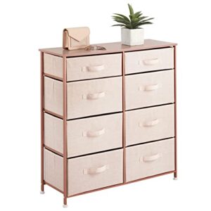 mdesign 35.3" high steel frame/wood top storage dresser furniture unit, 8 removable slim fabric drawers - tall bureau organizer for bedroom, living room, closet - lido collection, light pink/rose gold