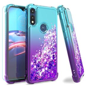 m maikezi for moto e 2020 case, motorola moto e phone case with hd screen protector, gradient quicksand glitter bling flowing liquid protective cute case for motorola moto e (2020) (teal purple)