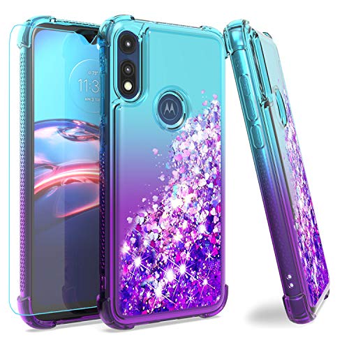 M MAIKEZI for Moto E 2020 case, Motorola Moto E Phone case with HD Screen Protector, Gradient Quicksand Glitter Bling Flowing Liquid Protective Cute Case for Motorola Moto E (2020) (Teal Purple)