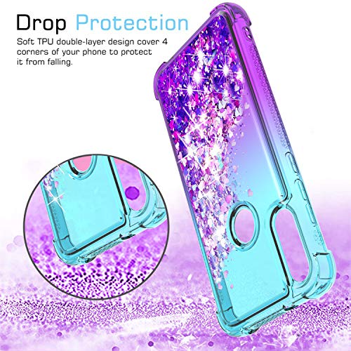 M MAIKEZI for Moto E 2020 case, Motorola Moto E Phone case with HD Screen Protector, Gradient Quicksand Glitter Bling Flowing Liquid Protective Cute Case for Motorola Moto E (2020) (Teal Purple)