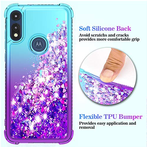 M MAIKEZI for Moto E 2020 case, Motorola Moto E Phone case with HD Screen Protector, Gradient Quicksand Glitter Bling Flowing Liquid Protective Cute Case for Motorola Moto E (2020) (Teal Purple)