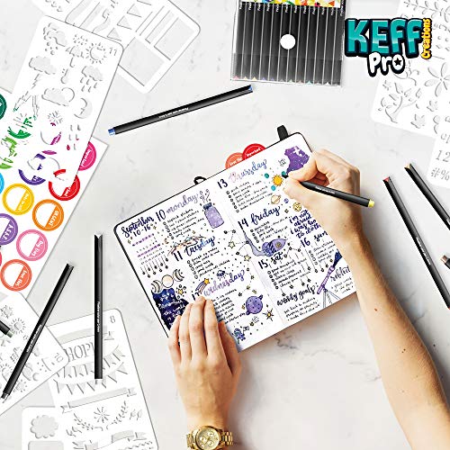 KEFF Bullet Dotted Journal Kit - Dot Journaling Set Supplies with 237 Pages Hardcover Grid Notebook Planner, Pens, Stencils and Stickers for Teenage Girls & Adults - Black