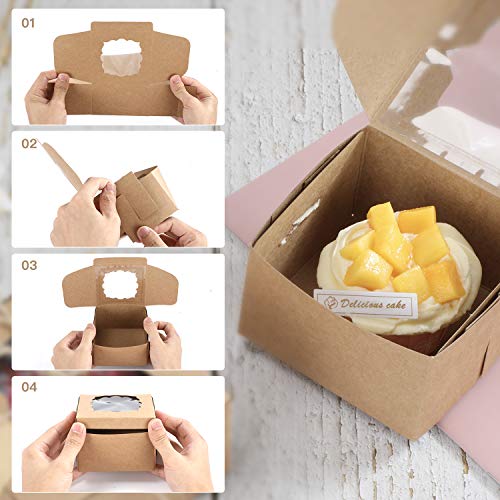 Farielyn-X 81 Packs Brown Bakery Boxes with Window Portable Single Individual Cupcake Boxes 4x4x2.5 Inches Kraft Paper Gift Boxes Holders for Pastries, Small Cakes, Cookies, Cupcakes