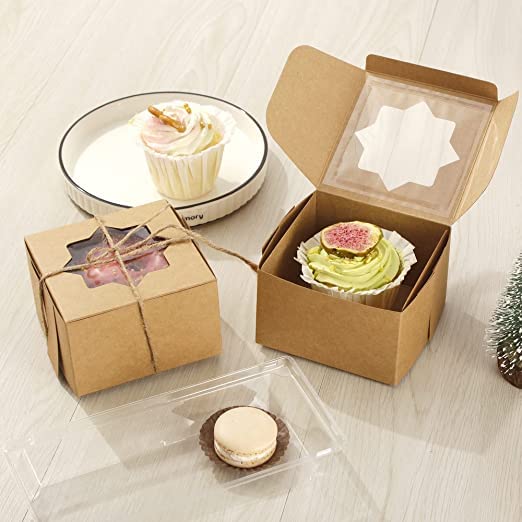 Farielyn-X 81 Packs Brown Bakery Boxes with Window Portable Single Individual Cupcake Boxes 4x4x2.5 Inches Kraft Paper Gift Boxes Holders for Pastries, Small Cakes, Cookies, Cupcakes