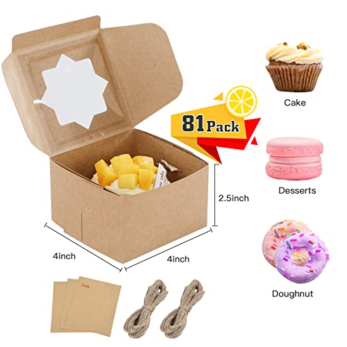 Farielyn-X 81 Packs Brown Bakery Boxes with Window Portable Single Individual Cupcake Boxes 4x4x2.5 Inches Kraft Paper Gift Boxes Holders for Pastries, Small Cakes, Cookies, Cupcakes