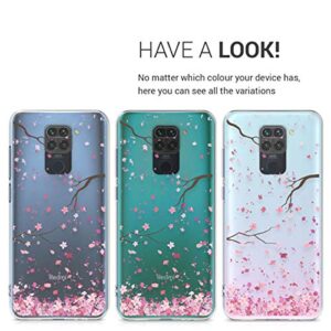 kwmobile Clear Case Compatible with Xiaomi Redmi Note 9 - Phone Case Soft TPU Cover - Cherry Blossoms Pink/Dark Brown/Transparent