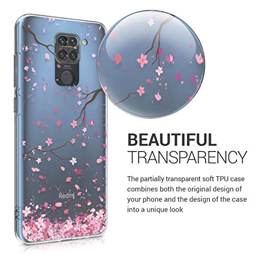 kwmobile Clear Case Compatible with Xiaomi Redmi Note 9 - Phone Case Soft TPU Cover - Cherry Blossoms Pink/Dark Brown/Transparent