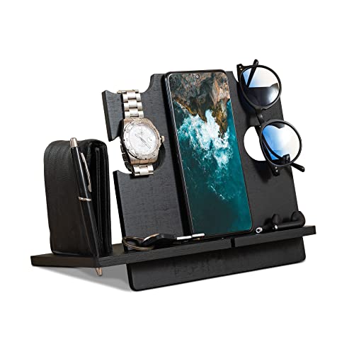 LAC Nightstand Organizer for Men | Mens Gifts Ideas Birthday Gifts for Dad | Wood Phone Docking Station Bedside Gadget Holder | Desk Wooden Phone Stand | Men's Gift for Husband Tech