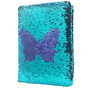 ginmlyda sequin girls journal for kids, 8.5x5.5 inches 160 lined pages diary for girls butterfly reversible flip sequence notebook for teenage pre school writing drawing travel gifts (purple- blue)