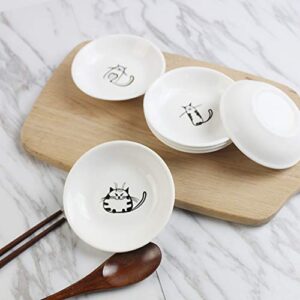 Cute Cat Ceramic Side Sauce Dishes Mini Heart shape Seasoning Dish, Sushi Soy Dipping Bowl,Serving Saucers Dishe,Meow Porcelain Small Tea Bag Holder Set of 6 (Round)