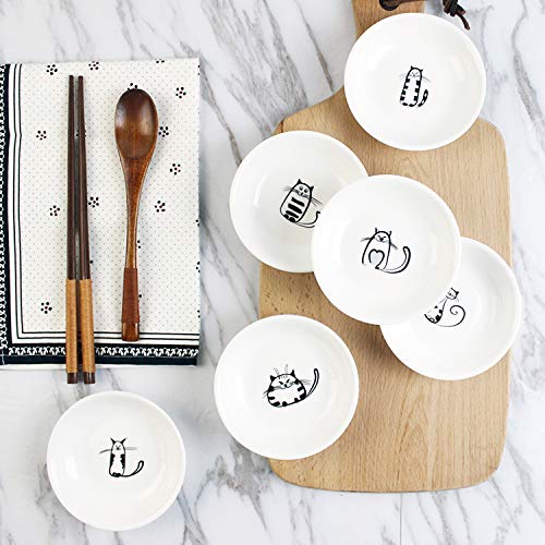 Cute Cat Ceramic Side Sauce Dishes Mini Heart shape Seasoning Dish, Sushi Soy Dipping Bowl,Serving Saucers Dishe,Meow Porcelain Small Tea Bag Holder Set of 6 (Round)