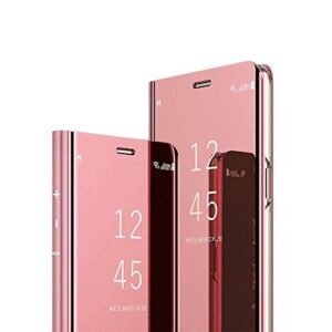 lemaxelers redmi note 9 pro case slim mirror design clear view flip bookstyle ultra slim protecter shell with kickstand protective cover for xiaomi redmi note 9s / note 9 pro max mirror pu rose gold